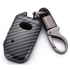 wfmj black carbon fiber + silicone button smart remote 4 buttons key fob cover keychain keyring case jacket shell skin for 2019 2020 kia soul seltos telluride forte sedan