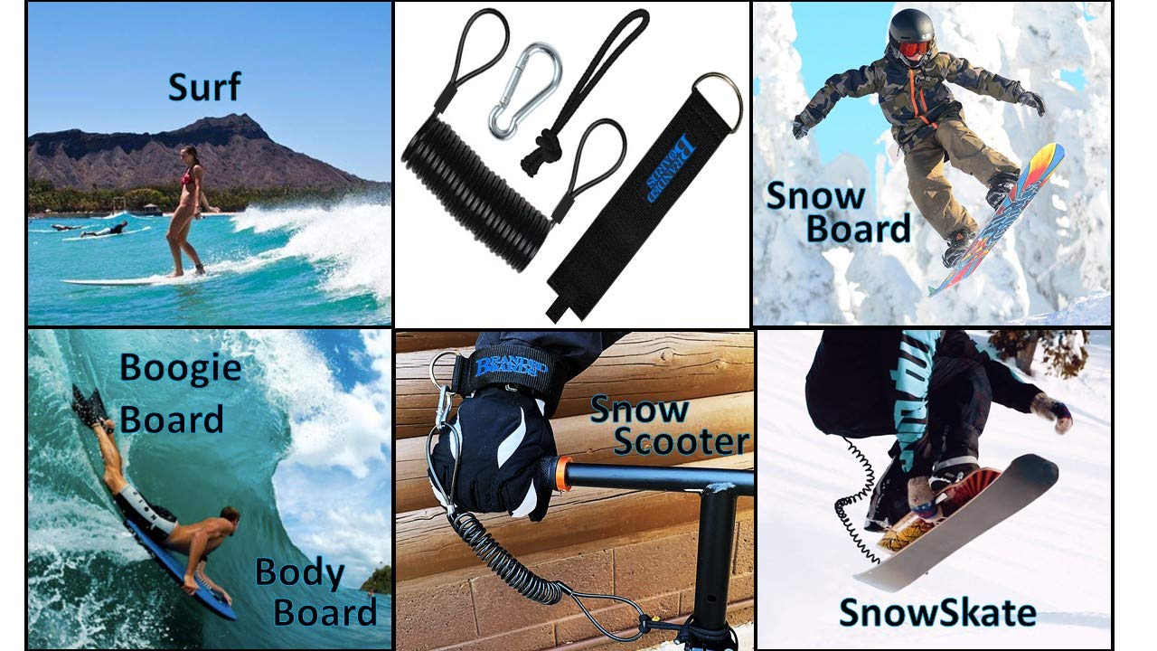 Branded Boards-Railz Steel Coiled Safety Leash, Heavy Duty Wrist Cuff, Carabiner & Paracord Loop. Boogie Board, Snowboard, Surf Board, SUP, Scooter, Snowskate, Sled, Dog Pet Lanyard (Ultimate 1-Pack)