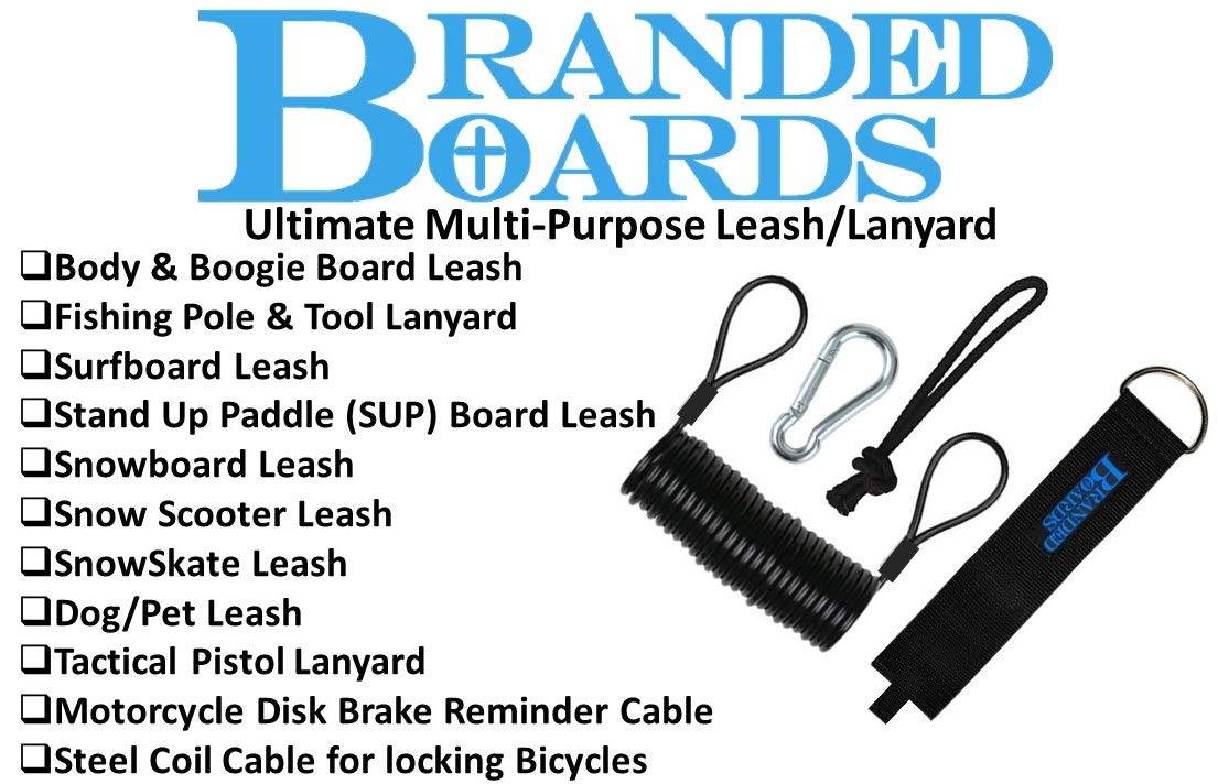 Branded Boards-Railz Steel Coiled Safety Leash, Heavy Duty Wrist Cuff, Carabiner & Paracord Loop. Boogie Board, Snowboard, Surf Board, SUP, Scooter, Snowskate, Sled, Dog Pet Lanyard (Ultimate 1-Pack)