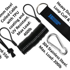 Branded Boards-Railz Steel Coiled Safety Leash, Heavy Duty Wrist Cuff, Carabiner & Paracord Loop. Boogie Board, Snowboard, Surf Board, SUP, Scooter, Snowskate, Sled, Dog Pet Lanyard (Ultimate 1-Pack)