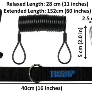 Branded Boards-Railz Steel Coiled Safety Leash, Heavy Duty Wrist Cuff, Carabiner & Paracord Loop. Boogie Board, Snowboard, Surf Board, SUP, Scooter, Snowskate, Sled, Dog Pet Lanyard (Ultimate 1-Pack)