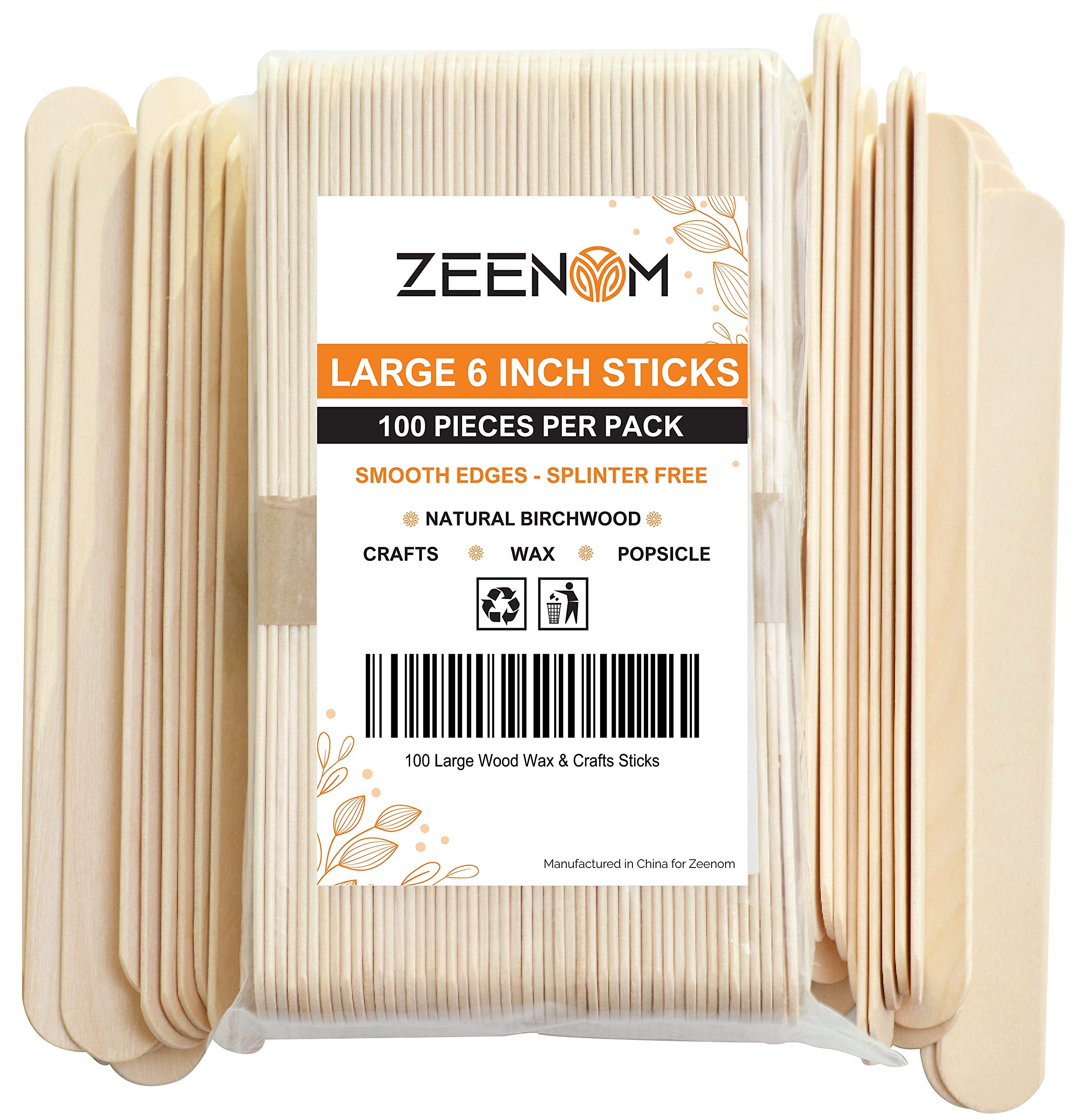 Zeenom 100 Popsicle Sticks for Crafts Wooden Craft Sticks - 6 Inch Wood Sticks Multipurpose Popsicle Sticks for Food, Ice Cream Sticks and Popsicle Sticks for Waxing, Plant Labels, DIY Arts & Crafts