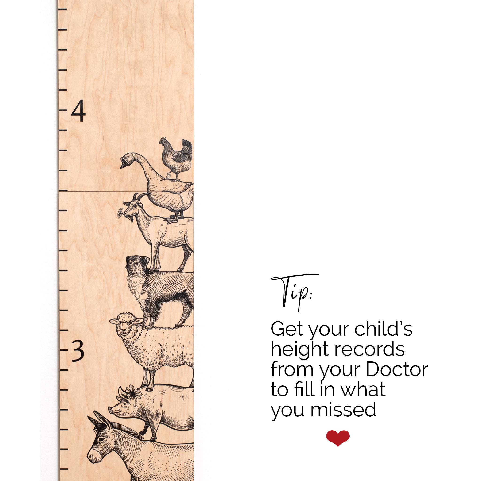 Headwaters Studio Wooden Growth Chart for Wall - Wood Height Chart for Kids Child Height Wall Chart Wood Growth Chart for Kids Kid Height Wall Chart, Height Measurement-Farm Animals-Natural-63" x 6.7"