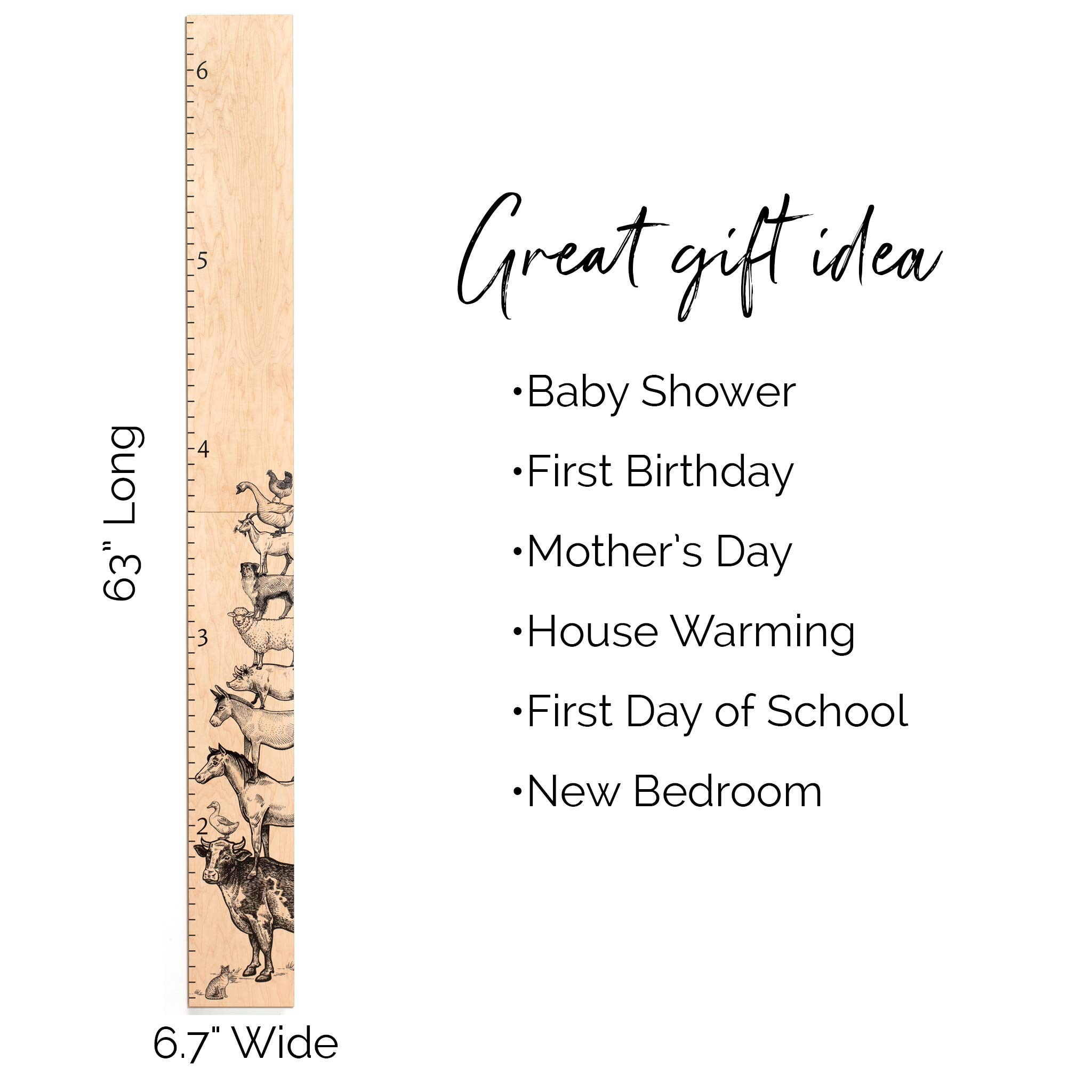 Headwaters Studio Wooden Growth Chart for Wall - Wood Height Chart for Kids Child Height Wall Chart Wood Growth Chart for Kids Kid Height Wall Chart, Height Measurement-Farm Animals-Natural-63" x 6.7"