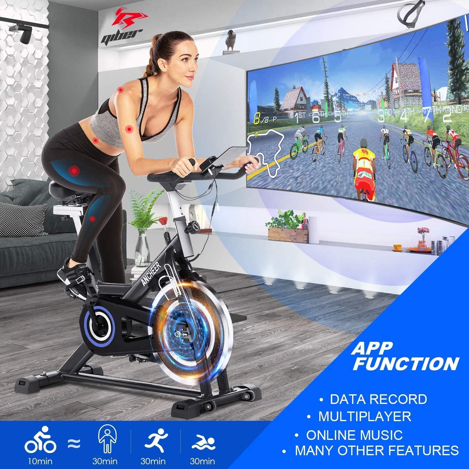 FUNMILY Exercise Bike, Indoor Cycling Bike with 49LBS Flywheel and APP Heart Rate Monitor, Adjustable Seat Handlebar, 380lbs Max Weight