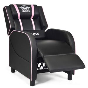 gymax gaming recliner, massage gaming chair w/adjustable footrest, remote control & side pocket, ergonomic game lounge chair, racing style single theater seat game sofa for adults (pink)