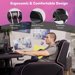 GYMAX Gaming Recliner, Massage Gaming Chair w/Adjustable Footrest, Remote Control & Side Pocket, Ergonomic Game Lounge Chair, Racing Style Single Theater Seat Game Sofa for Adults (Pink)