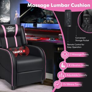 GYMAX Gaming Recliner, Massage Gaming Chair w/Adjustable Footrest, Remote Control & Side Pocket, Ergonomic Game Lounge Chair, Racing Style Single Theater Seat Game Sofa for Adults (Pink)