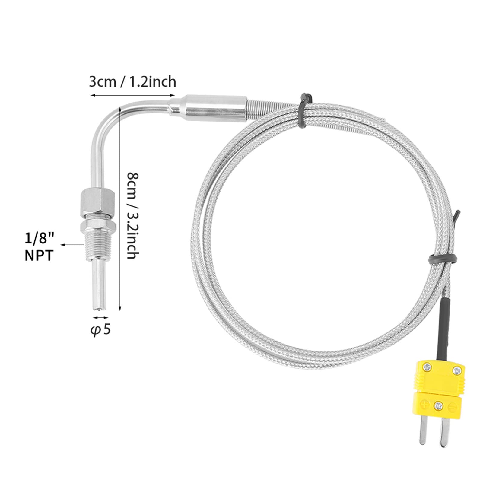 EGT K type Thermocouple 1/8 NPT Thread Thermocouple Temperature Sensor K Type Thermocouple Probe with Exposed Tip and Connector 1M