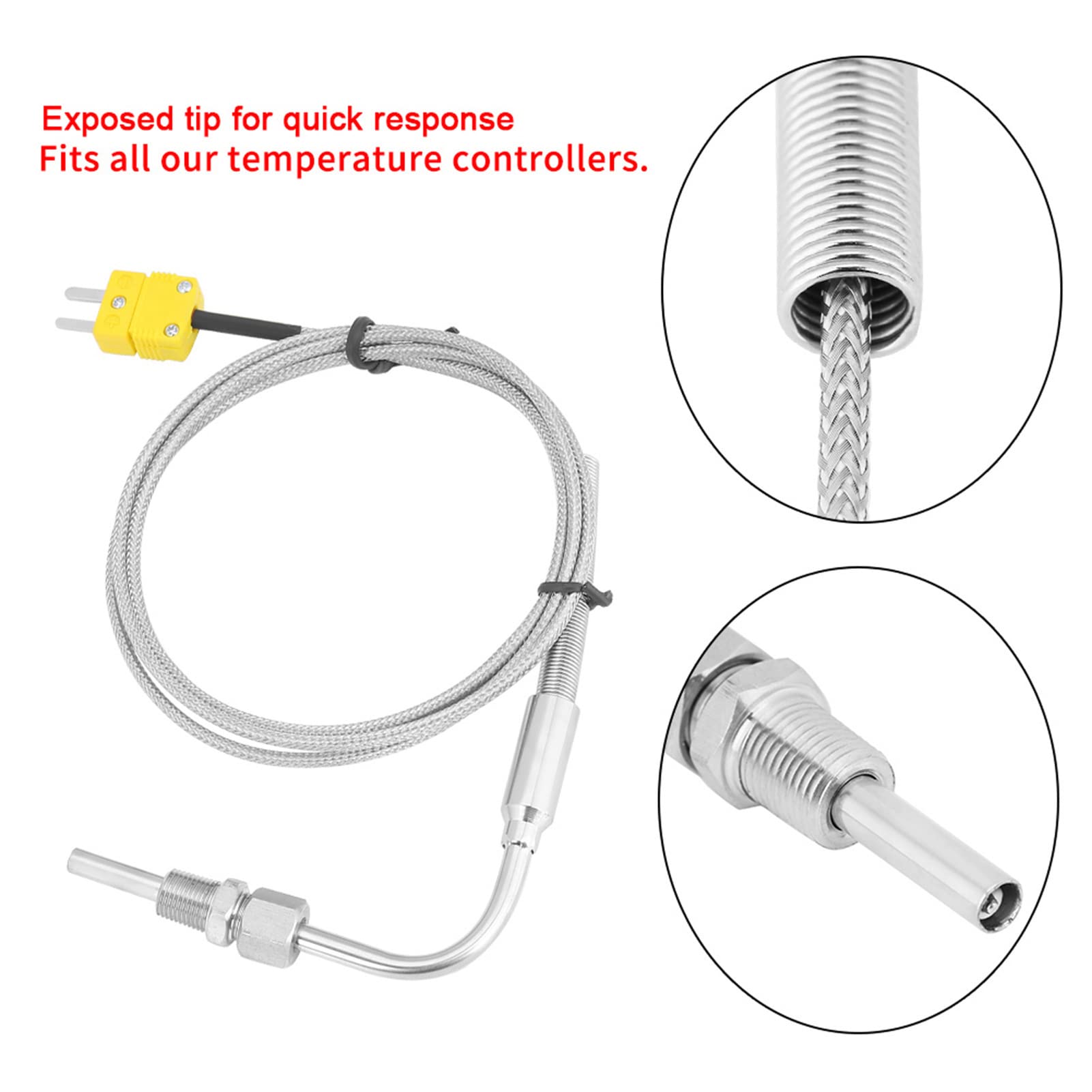 EGT K type Thermocouple 1/8 NPT Thread Thermocouple Temperature Sensor K Type Thermocouple Probe with Exposed Tip and Connector 1M