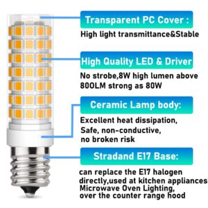 E17 LED Bulb Dimmable 8W Consumption 80W Equiavlent Halogen Bubs,800LM,AC 110-130V,CRI:≧85Ra,S11 T8 T7 E17 Intermediate Base Bulbs,for Ceiling Fan,Microwave Oven Lighting,2-Pack (Wram White 3000K)