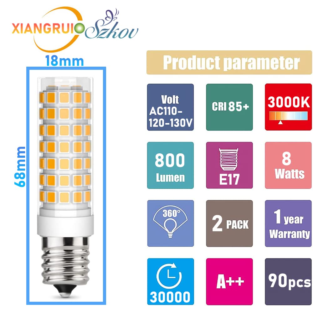 E17 LED Bulb Dimmable 8W Consumption 80W Equiavlent Halogen Bubs,800LM,AC 110-130V,CRI:≧85Ra,S11 T8 T7 E17 Intermediate Base Bulbs,for Ceiling Fan,Microwave Oven Lighting,2-Pack (Wram White 3000K)