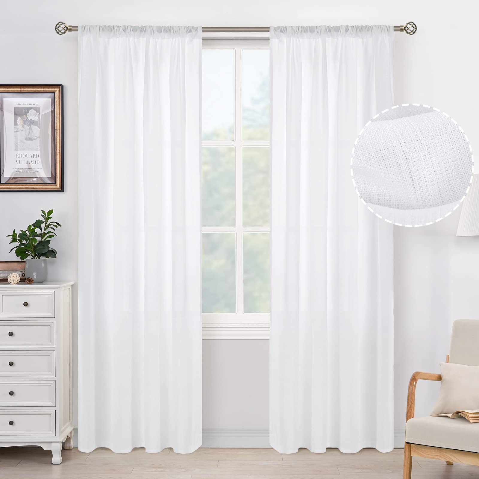 BGment White Linen Curtains 84 Inch for Bedroom, Linen Look Rod Pocket Light Filtering Privacy Sheer Curtains for Living Room, Opaque White Sheer Curtains 2 Panels, Each 52 x 84 Inch