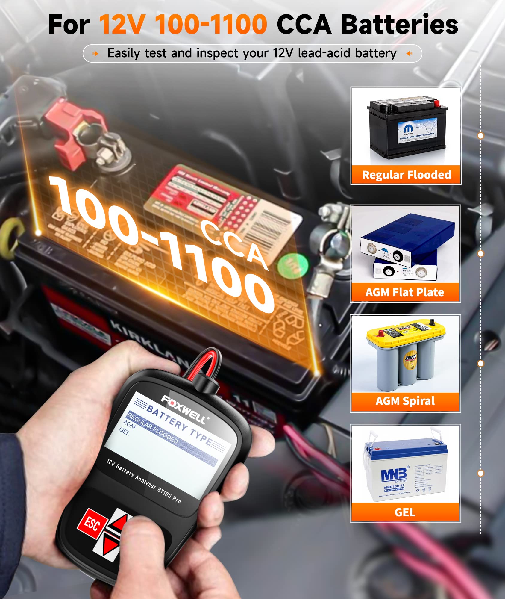 FOXWELL Car Battery Tester BT100 Pro 12V Automotive 100-1100CCA Analyzer with EVA Case