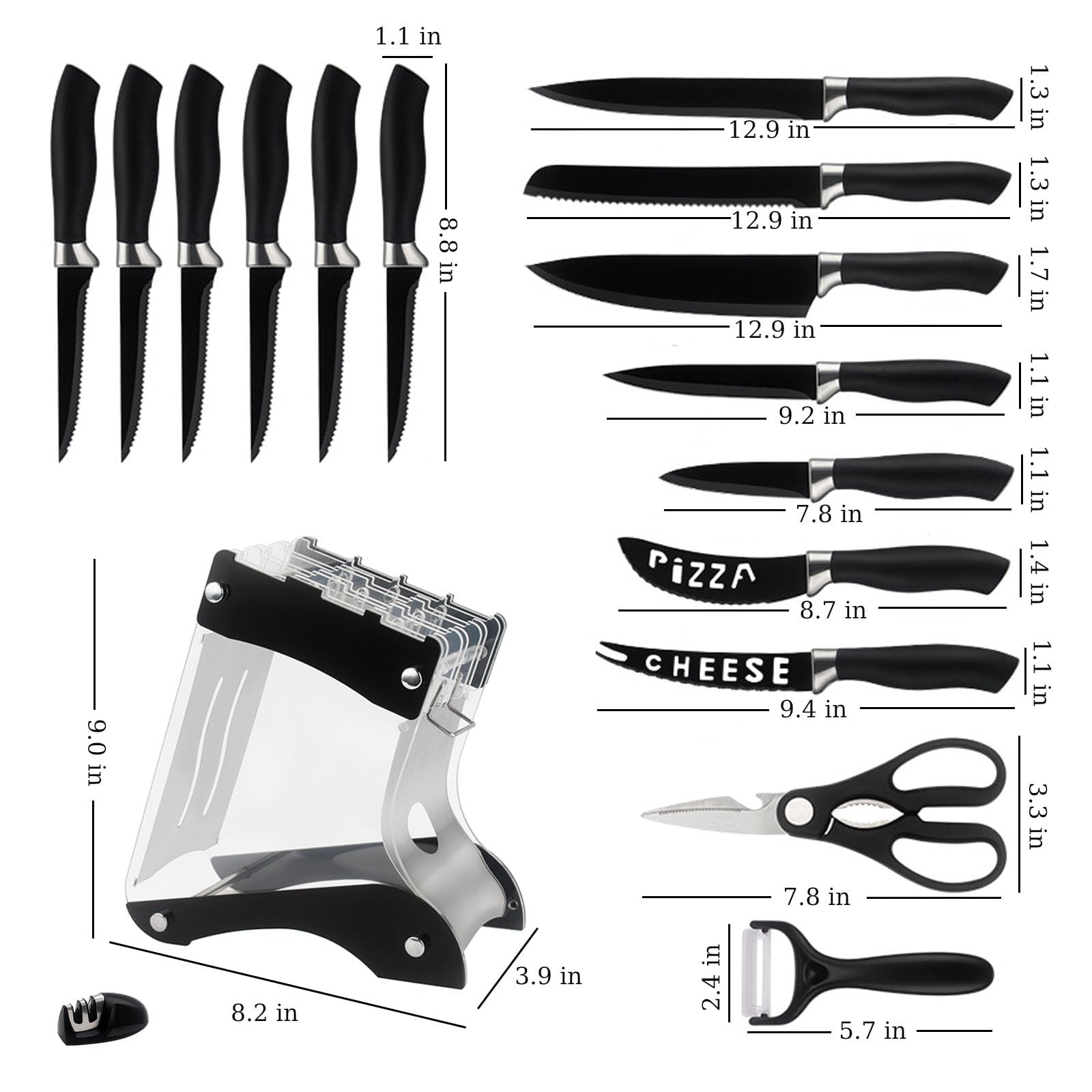 Numola Kitchen Knife Set, 20 Pieces Black Nonstick Cooking Knife Set with Block & Sharpener, Super Sharp Stainless Steel Professional Chef Knife Set with Acrylic Stand for Family Restaurant Apartment