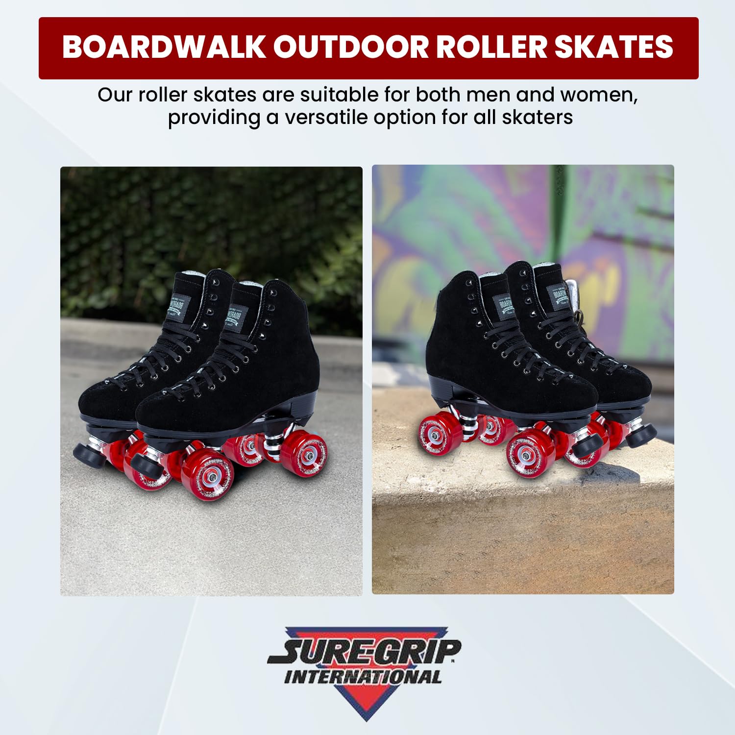 Sure Grip Boardwalk Unisex Outdoor Roller Skate - Suede Material, ABEC 3 Bearings, Soft 78A Motion 62mm Red Wheels - Polyurethane Wheel Material (Red Motion)