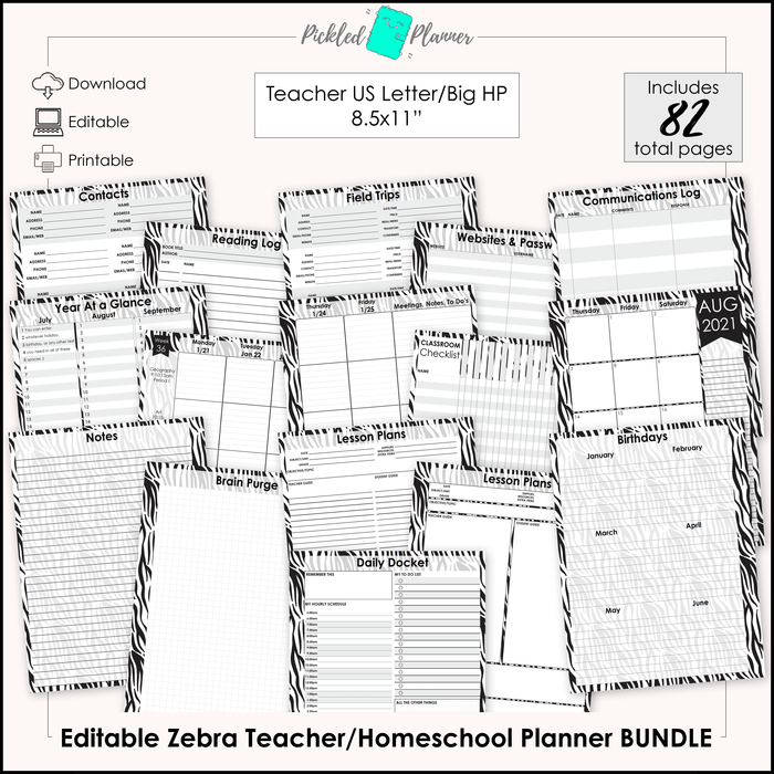 Editable Zebra Teacher/Homeschool Planner BUNDLE