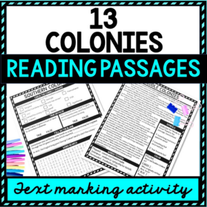 13 colonies reading passages questions and text marking + word search