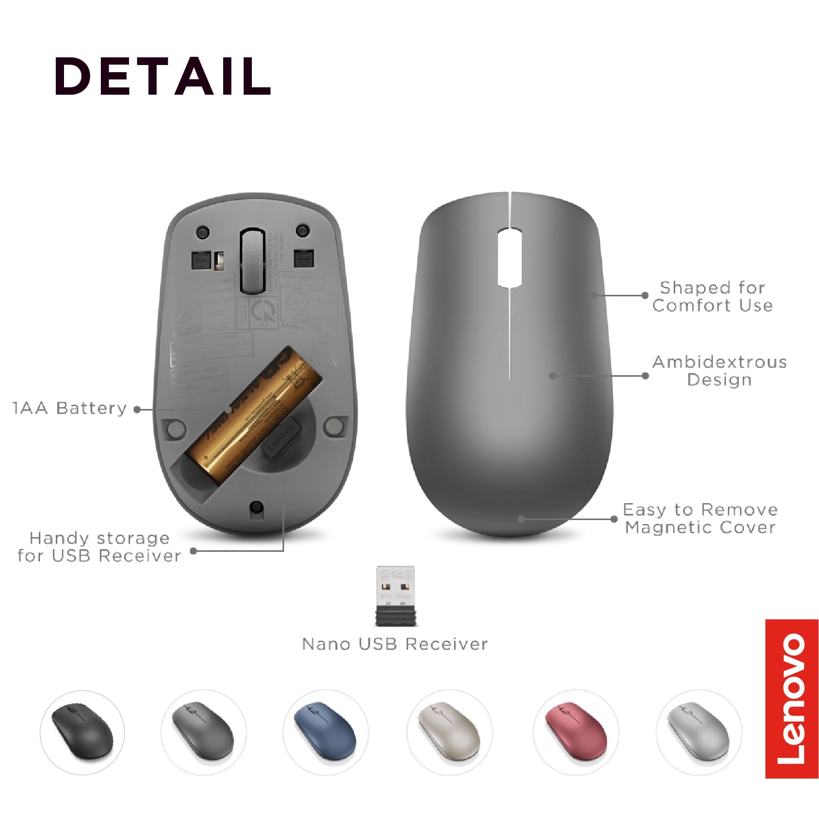 Lenovo 530 Full Size Wireless Computer Mouse for PC, Laptop, Computer with Windows - 2.4 GHz Nano USB Receiver - Ambidextrous Design - 12 Months Battery Life - Graphite Grey