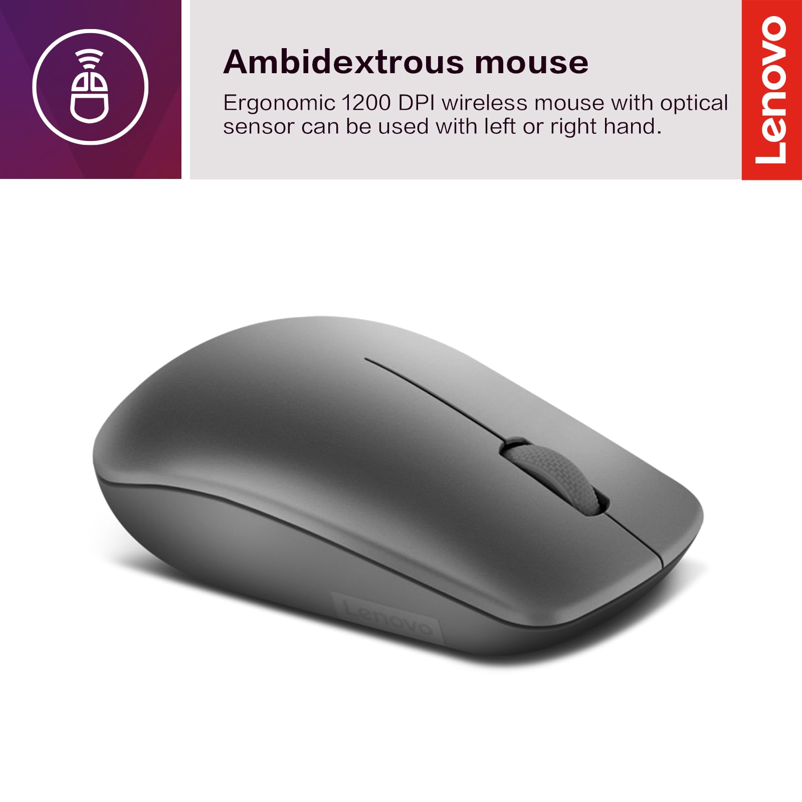 Lenovo 530 Full Size Wireless Computer Mouse for PC, Laptop, Computer with Windows - 2.4 GHz Nano USB Receiver - Ambidextrous Design - 12 Months Battery Life - Graphite Grey