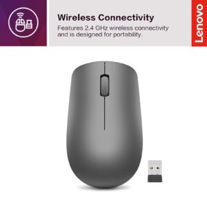 Lenovo 530 Full Size Wireless Computer Mouse for PC, Laptop, Computer with Windows - 2.4 GHz Nano USB Receiver - Ambidextrous Design - 12 Months Battery Life - Graphite Grey