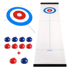 yobbi tabletop curling game for kids, adults & family. fun indoor sports game for everyone. come with 8+2 tabletop curling stones. easy to set up, play&portable. red & blue stones