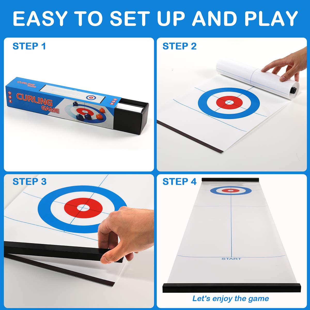 Yobbi Tabletop Curling Game for Kids, Adults & Family. Fun Indoor Sports Game for Everyone. Come with 8+2 Tabletop Curling Stones. Easy to Set Up, Play&Portable. Red & Blue Stones