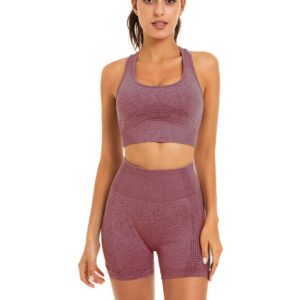 Toplook Women Seamless Yoga Workout Set 2 Piece Outfits Gym Shorts Sports Bra (Wine, Medium)