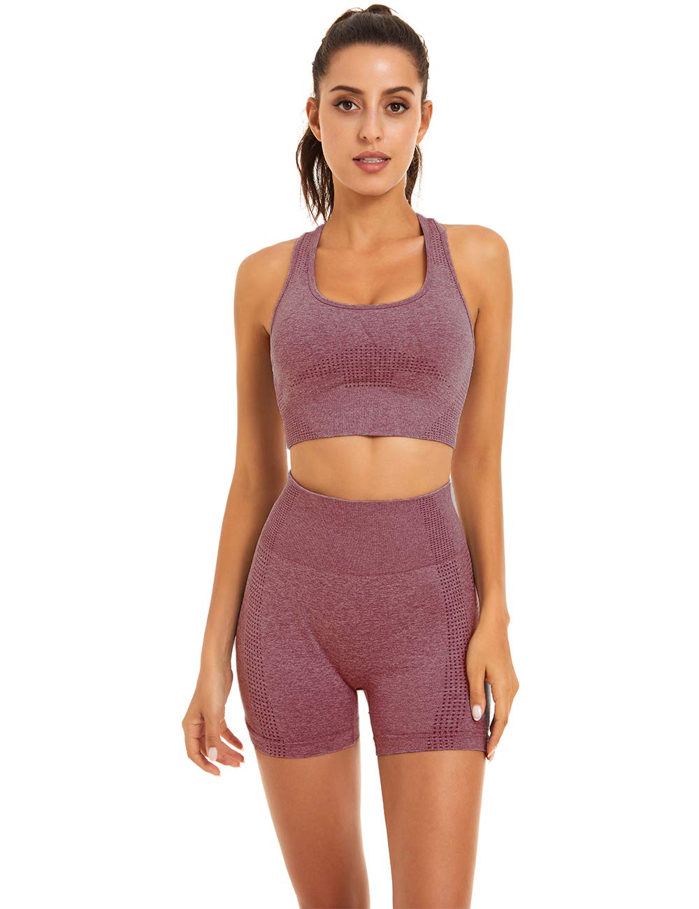 Toplook Women Seamless Yoga Workout Set 2 Piece Outfits Gym Shorts Sports Bra (Wine, Medium)