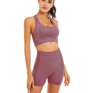 Toplook Women Seamless Yoga Workout Set 2 Piece Outfits Gym Shorts Sports Bra (Wine, Medium)