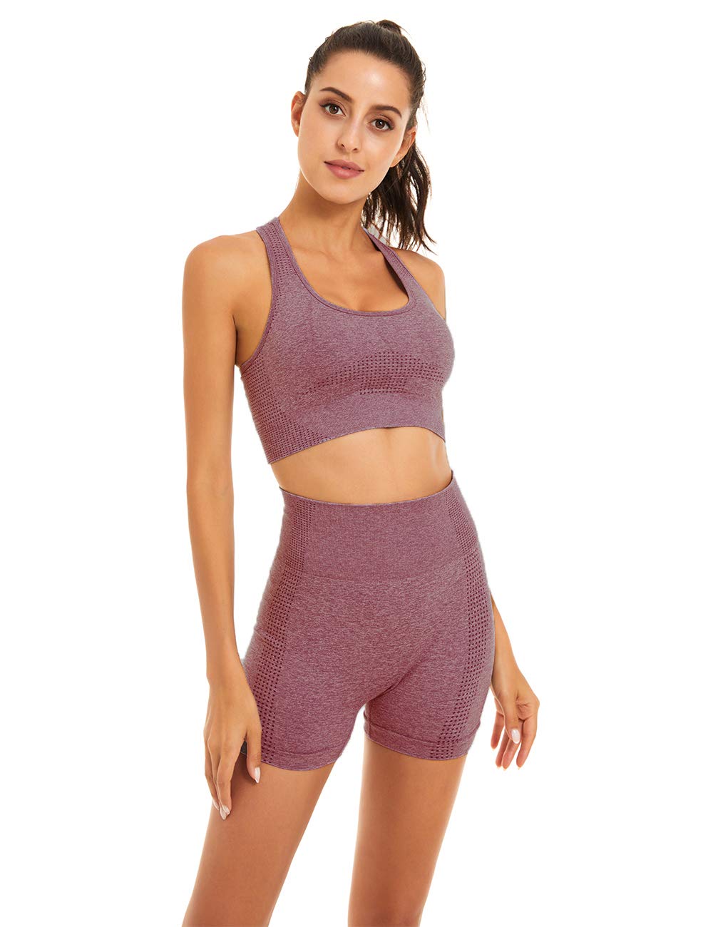 Toplook Women Seamless Yoga Workout Set 2 Piece Outfits Gym Shorts Sports Bra (Wine, Medium)