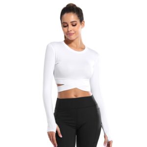 dream slim women long sleeve crop tops tummy cross crewneck yoga running shirts gym workout crop tops with thumb holes (white long, m)