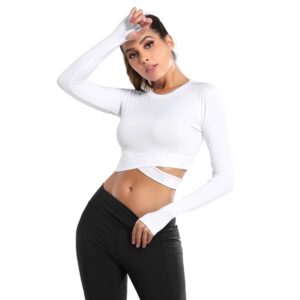 DREAM SLIM Women Long Sleeve Crop Tops Tummy Cross Crewneck Yoga Running Shirts Gym Workout Crop Tops with Thumb Holes (White Long, M)