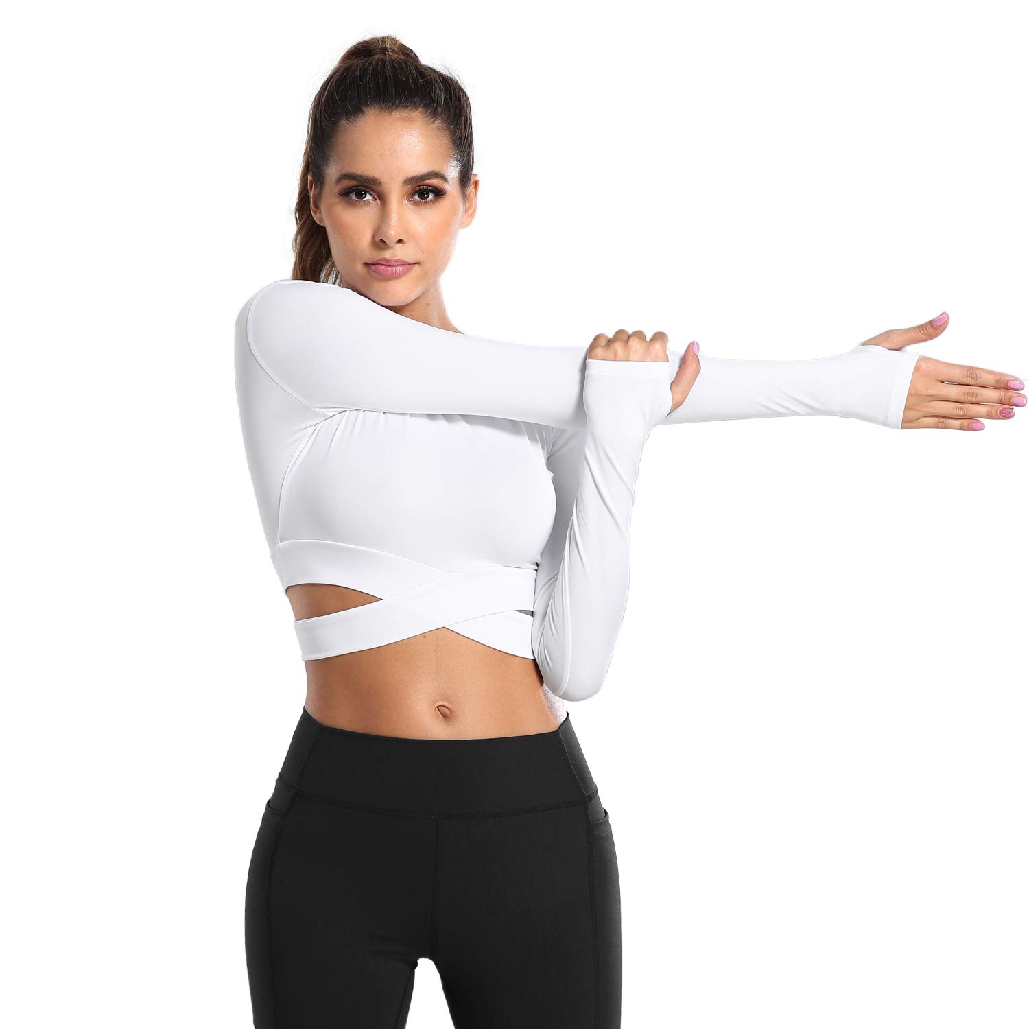 DREAM SLIM Women Long Sleeve Crop Tops Tummy Cross Crewneck Yoga Running Shirts Gym Workout Crop Tops with Thumb Holes (White Long, M)