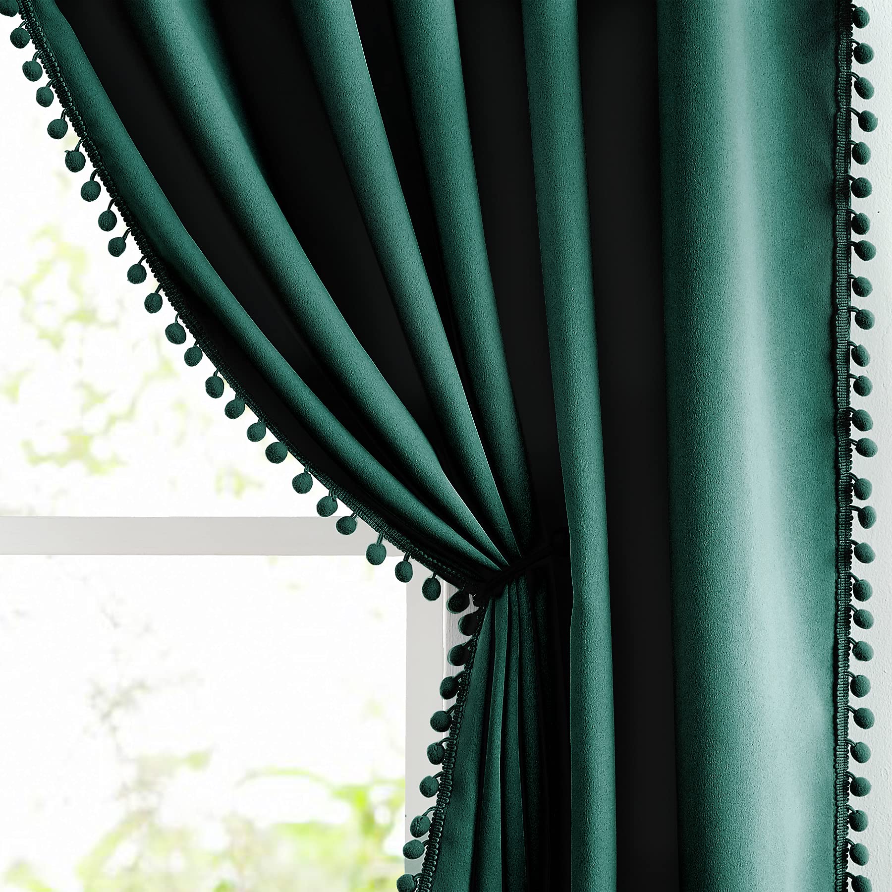 Green Blackout Curtains for Bedroom 84 inch Pom Pom Windows Drapes Cute Decorative Triple Weave Thermal Insulated Curtain Drapes for Nursery Room Studio Hotel 52" w x2 Panels Rod Pocket