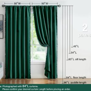 Green Blackout Curtains for Bedroom 84 inch Pom Pom Windows Drapes Cute Decorative Triple Weave Thermal Insulated Curtain Drapes for Nursery Room Studio Hotel 52" w x2 Panels Rod Pocket