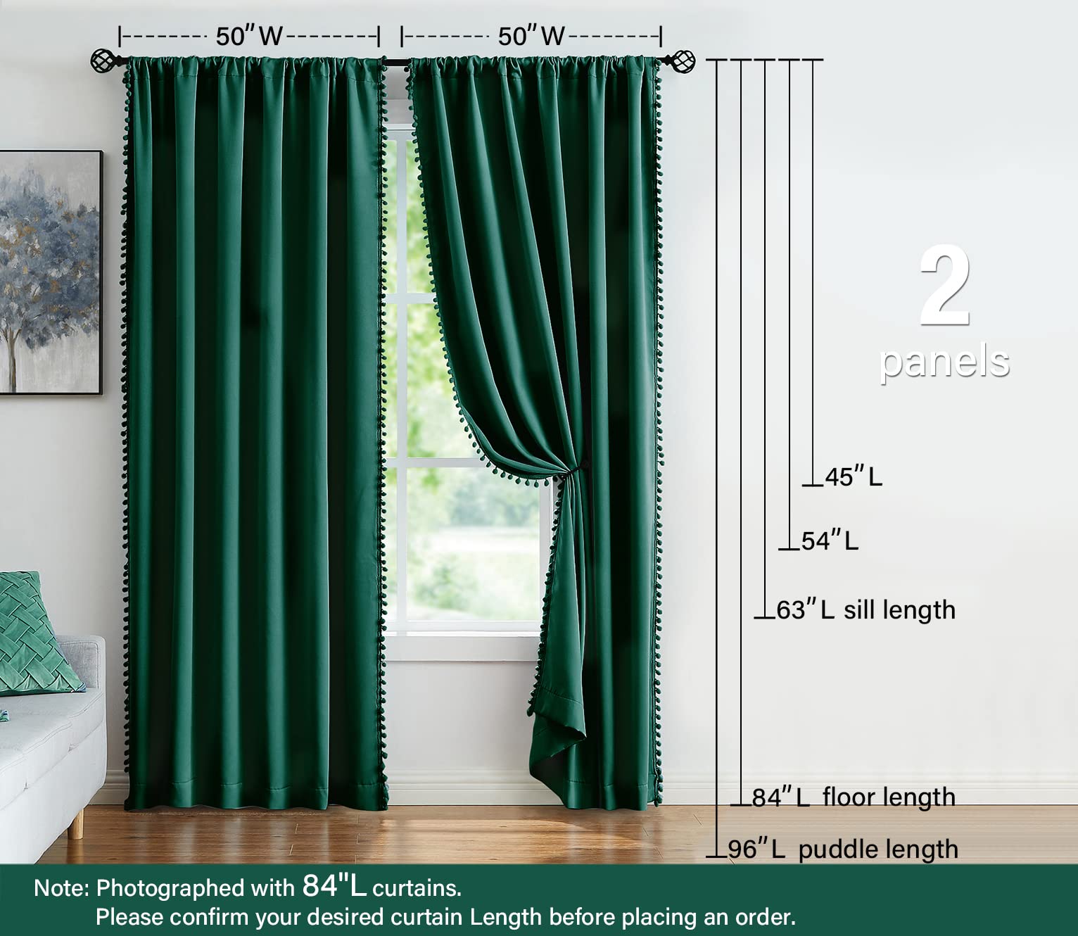 Green Blackout Curtains for Bedroom 84 inch Pom Pom Windows Drapes Cute Decorative Triple Weave Thermal Insulated Curtain Drapes for Nursery Room Studio Hotel 52" w x2 Panels Rod Pocket