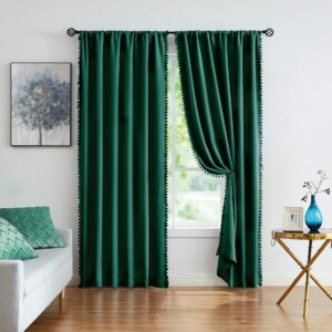 Green Blackout Curtains for Bedroom 84 inch Pom Pom Windows Drapes Cute Decorative Triple Weave Thermal Insulated Curtain Drapes for Nursery Room Studio Hotel 52" w x2 Panels Rod Pocket