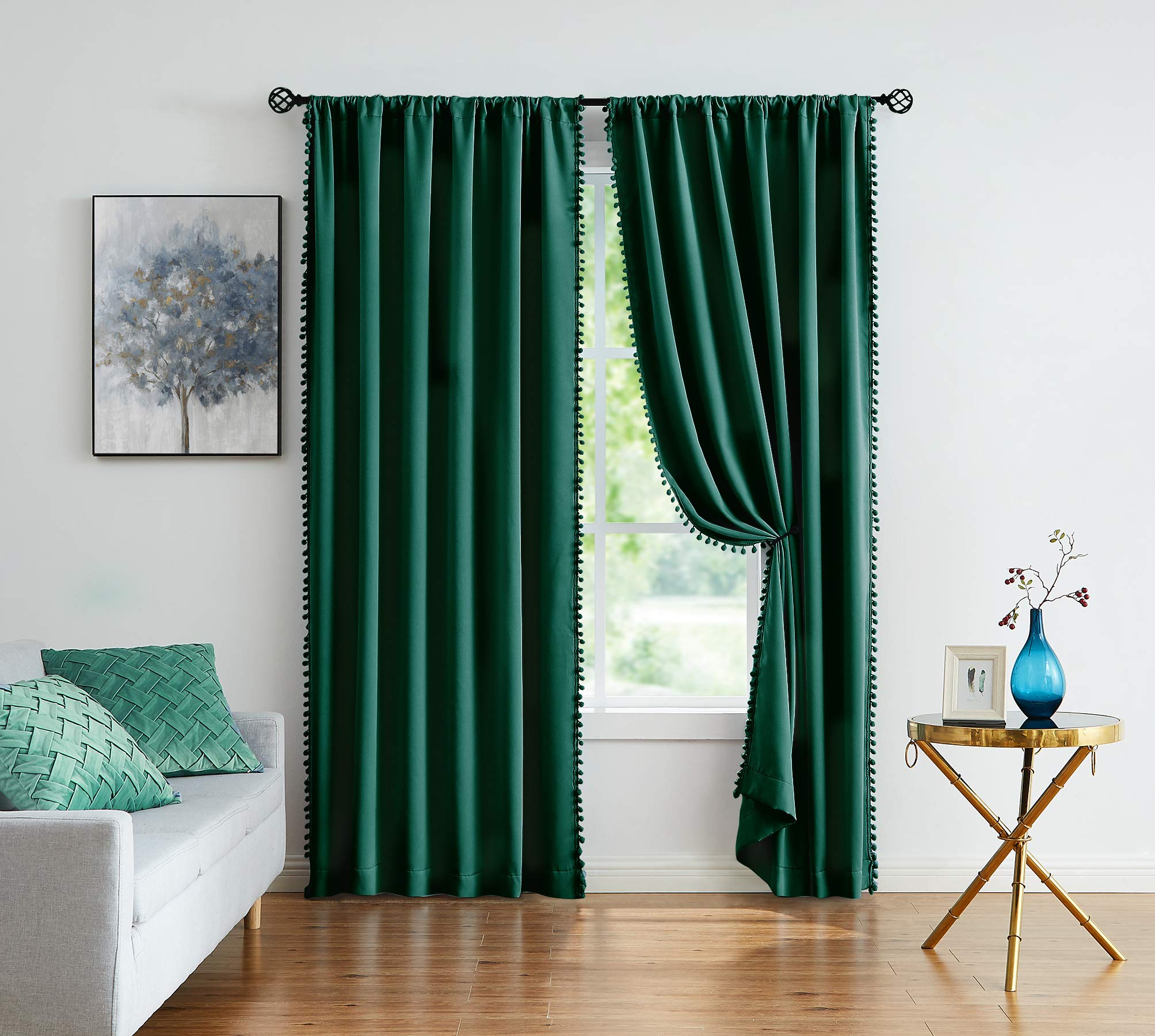 Green Blackout Curtains for Bedroom 84 inch Pom Pom Windows Drapes Cute Decorative Triple Weave Thermal Insulated Curtain Drapes for Nursery Room Studio Hotel 52" w x2 Panels Rod Pocket