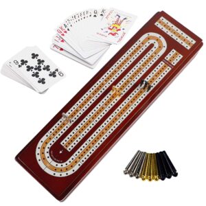 juegoal upgrade wood cribbage board game set, solid wooden continuous 3 track board with larger storage area, 9 metal pegs and 2 decks of playing cards, travel portable cribbage game sets