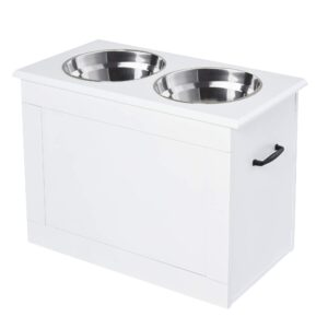 pawhut raised pet feeding storage station with 2 stainless steel bowls base for large dogs and other large pets, white