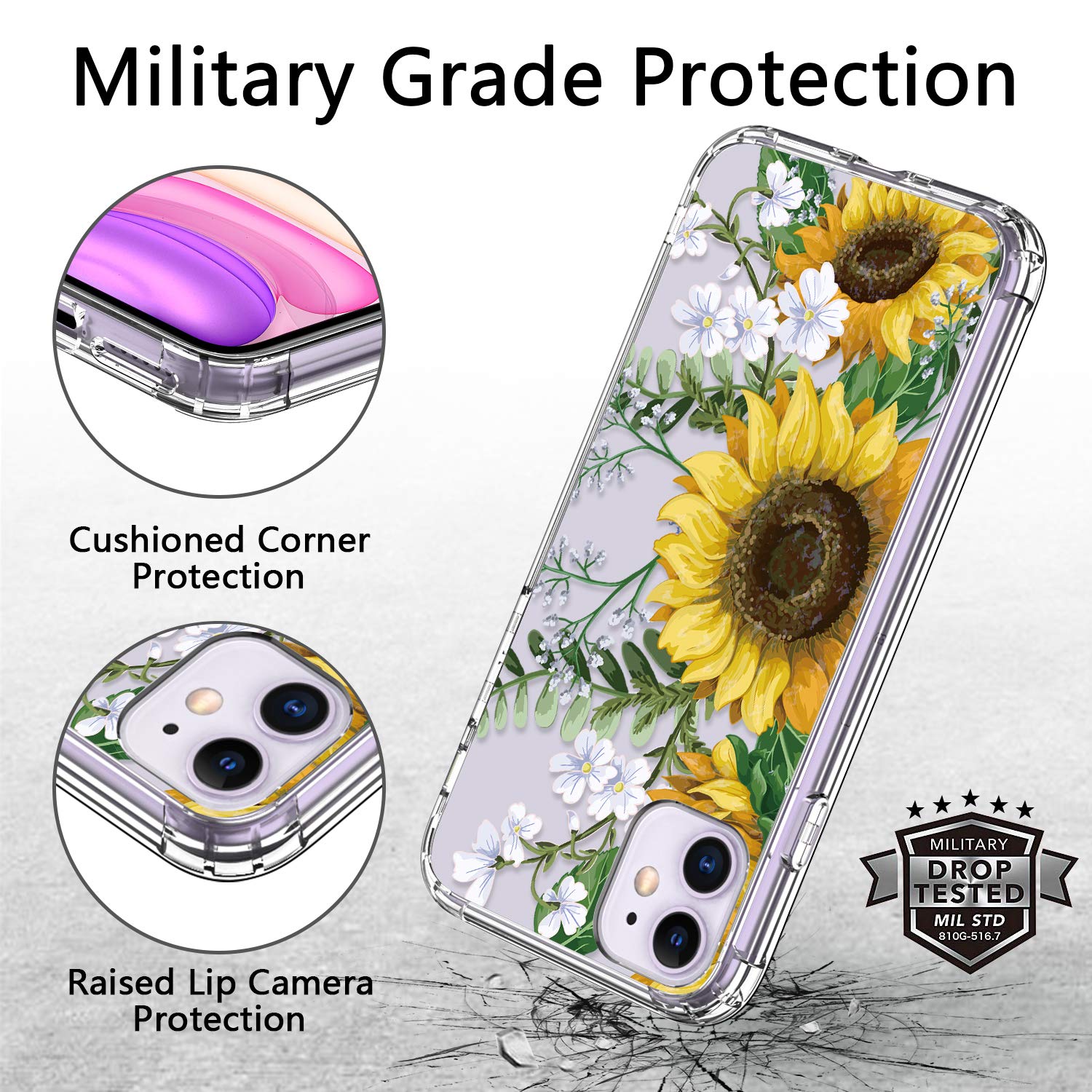 ICEDIO iPhone 11 Case with Screen Protector,Clear with Nice Sunflowers Floral Flower Patterns for Girls Women,Shockproof Slim Fit TPU Cover Protective Phone Case for Apple iPhone 11 6.1 inch