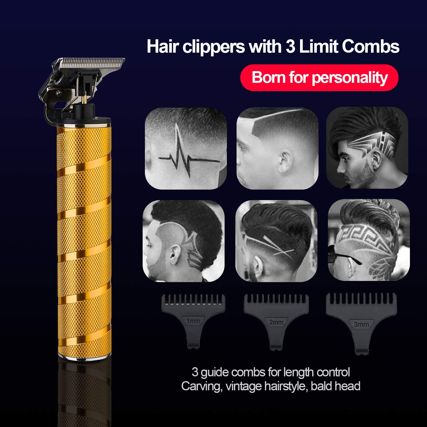 Suttik Cordless Hair Trimmers Hair Clippers, Professional Ornate T-Blade Trimmer Clippers Edgers for Men Waterproof Trimmers for Barber Liners Gold, Father's Day Gift for Men