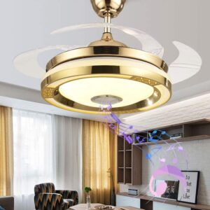 tfcfl 42'' modern music ceiling fan with light, invisible smart chandelier fan with bluetooth player remote control 4 retractable blades 3 colors for dining room bedroom (gold)