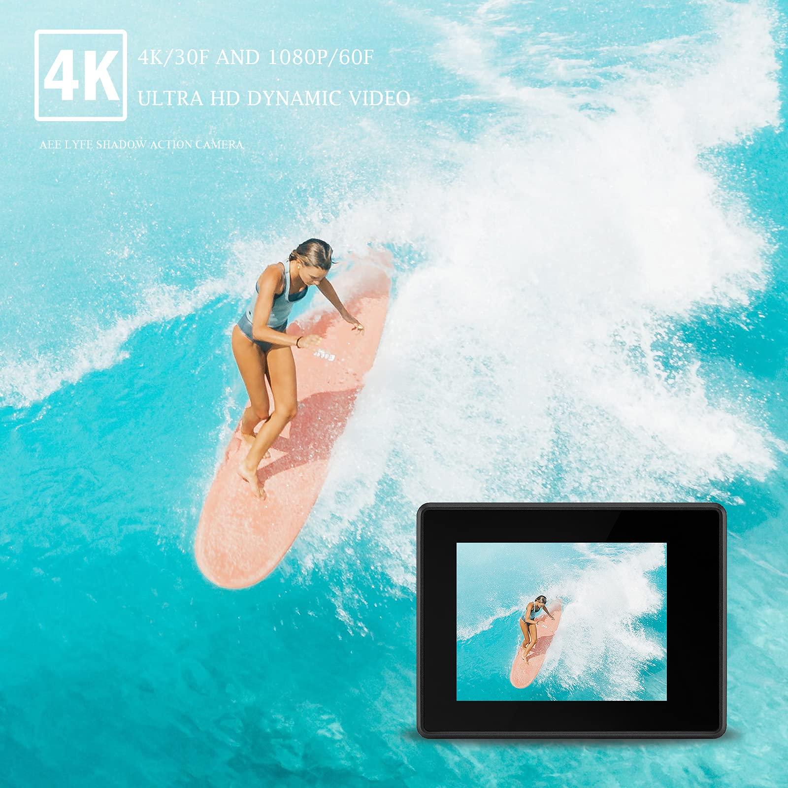 AEE Shadow Action Camera 4K Ultra HD Waterproof 130 ft Camcorder 1.8“ Touchscreen Time Lapse Sports Camera Built-in WiFi