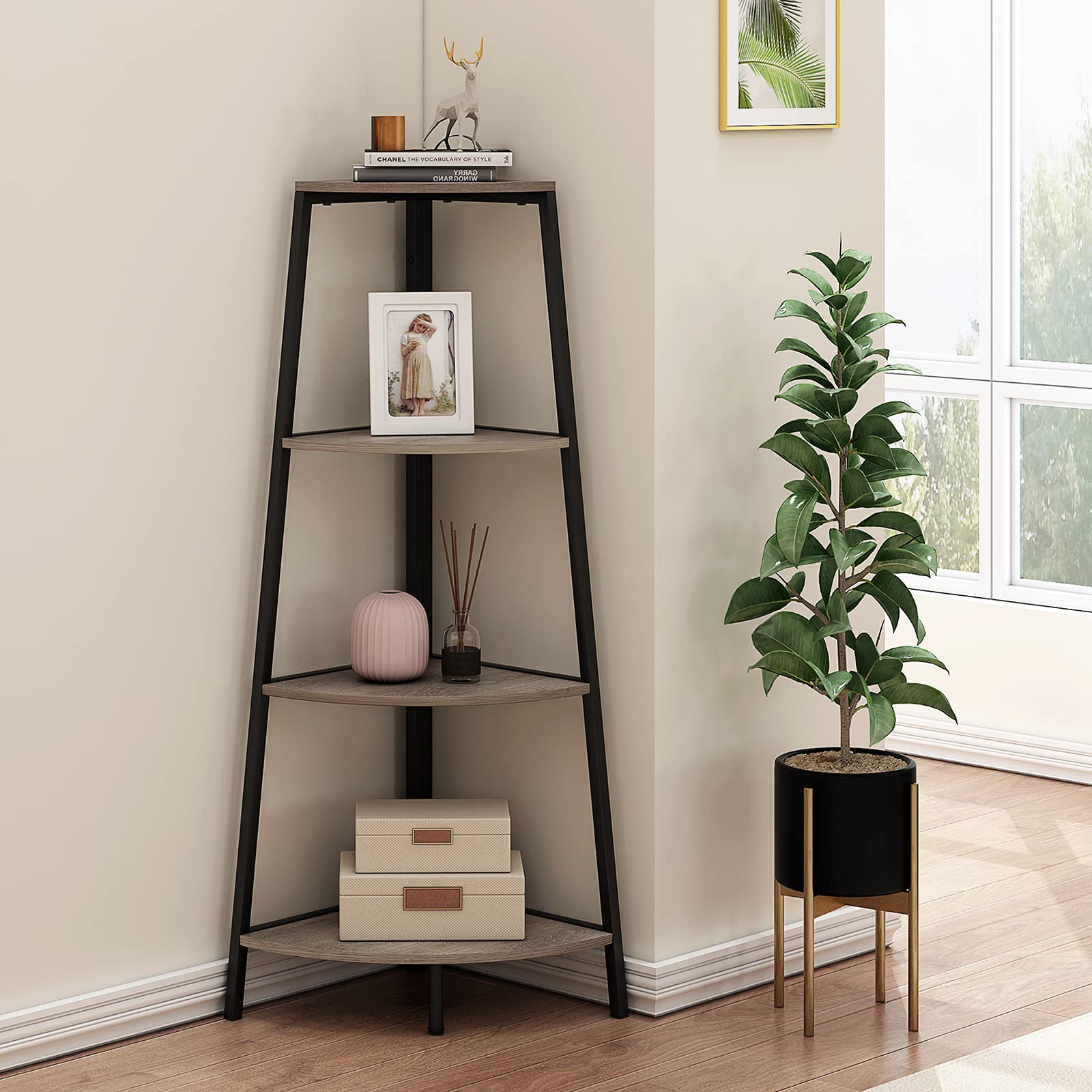 HOMYSHOPY 4 Shelves Industrial Corner Bookcase, A-Shaped Display Storage Rack Shelves, Grey Finish