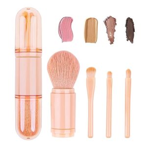 small makeup brush set pink - 4 in 1 portable travel lip brush, highlight brush, eyeshadow brush, foundation blending powder brush retractable mini facial cosmetic brush set