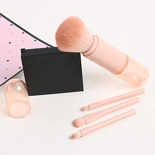 Small Makeup Brush Set Pink - 4 in 1 Portable Travel Lip Brush, Highlight Brush, Eyeshadow Brush, Foundation Blending Powder Brush Retractable Mini Facial Cosmetic Brush Set