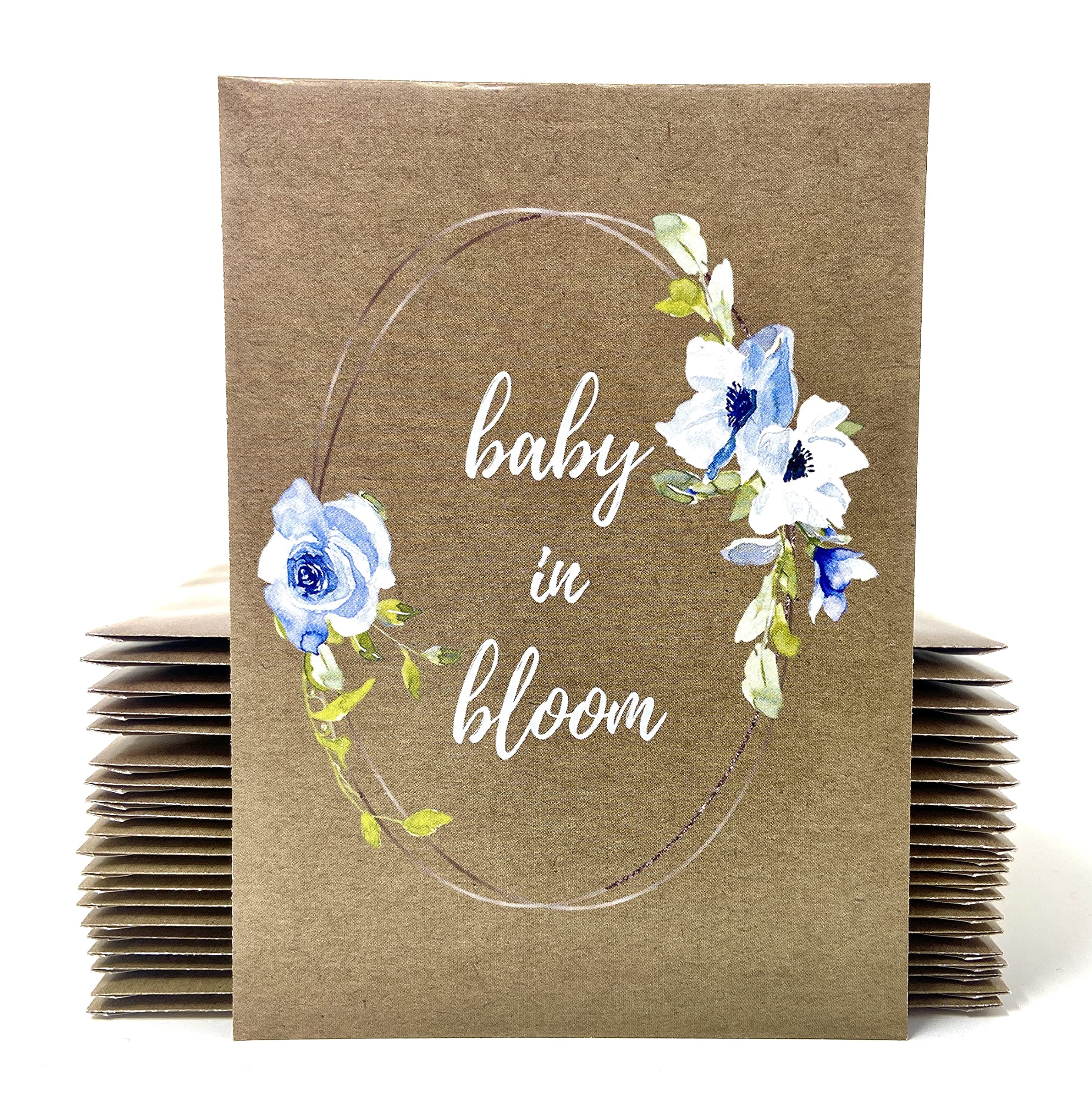 Baby Shower Party Favors for Guests - Baby in Bloom Seed Packets - Blue Floral Accents and Greenery - Already Filled - Pack of 20