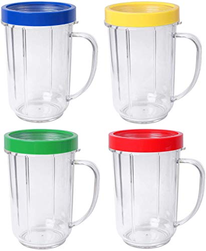 Wadoy MB1001 16oz Bullet Cups Compatible with Magic Bullet Blender Juicer 250W MB-1001 Party Cups Mugs with Colored Lip Rings (Pack of 4)